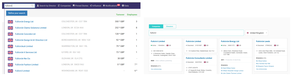 Searching for Companies - comparison with DueDil WebApp – FullCircl ...